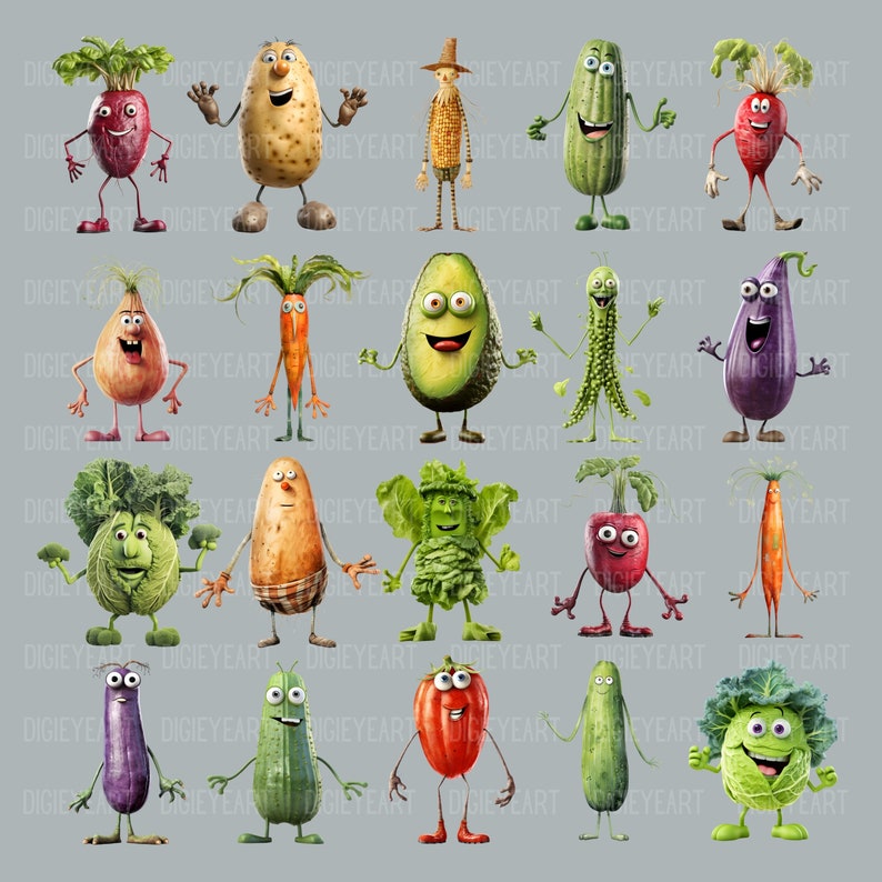Whimsical Vegitables Clipart, Mixed Media Quirky Veggies CU Clip Art ...