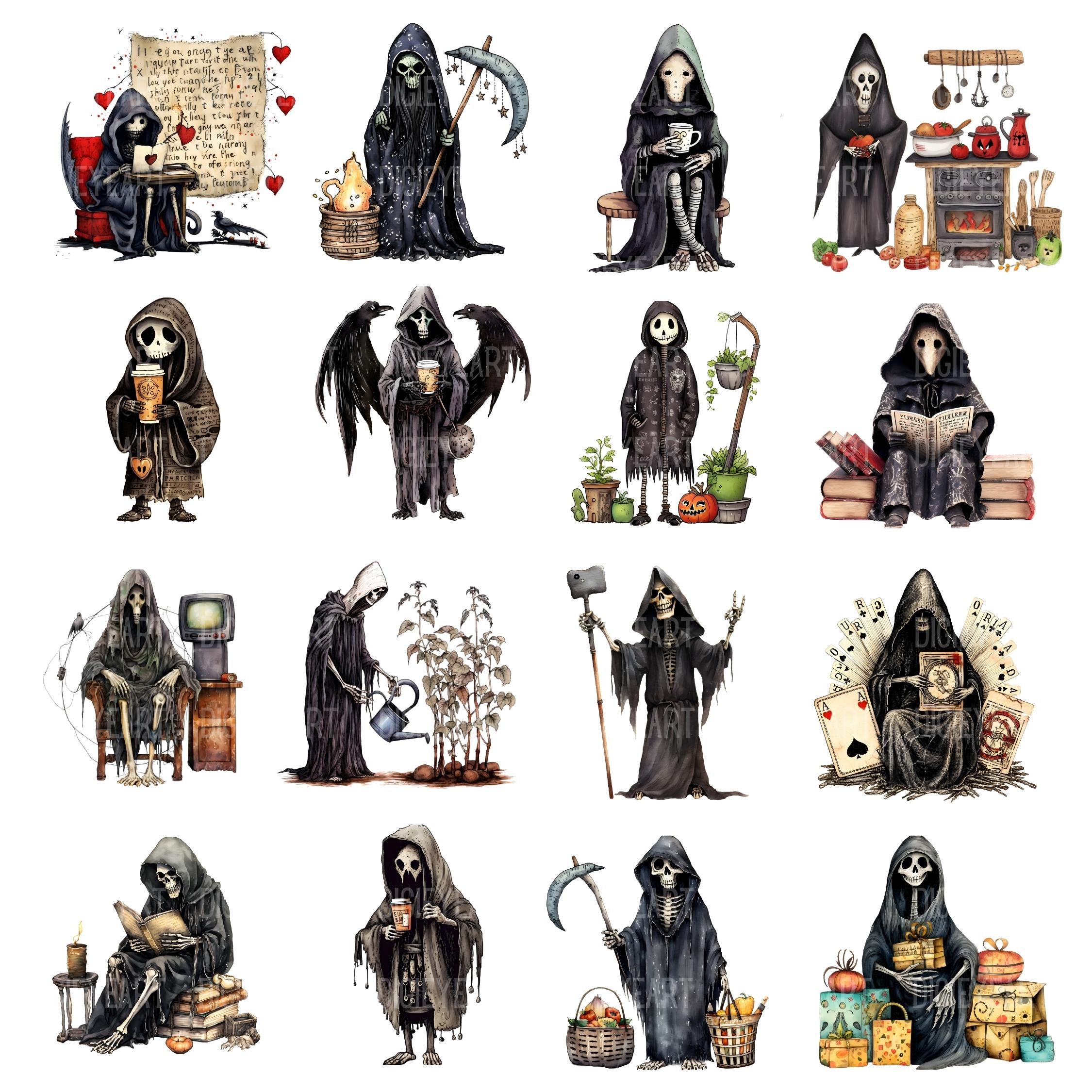 Whimsical Grim Reaper Clipart, Halloween CU Clip Art, Mixed Media ...
