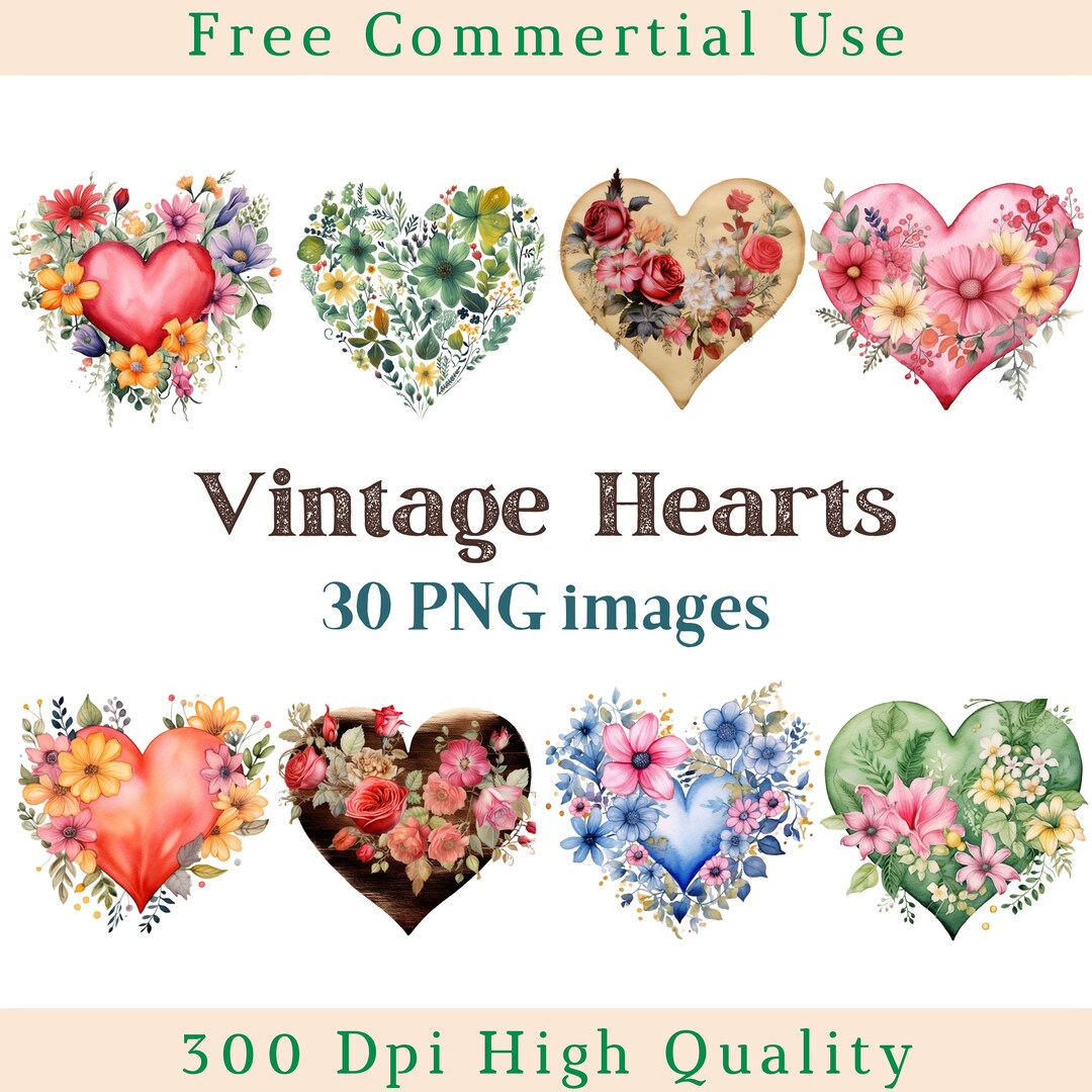 Watercolor Vintage Hearts Clipart, Hearts Clip Art, Flowers and Heart ...