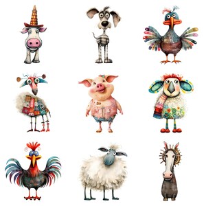 Whimsical Farm Animas Clipart, Mixed Media Quirky Animals CU Clip Art ...