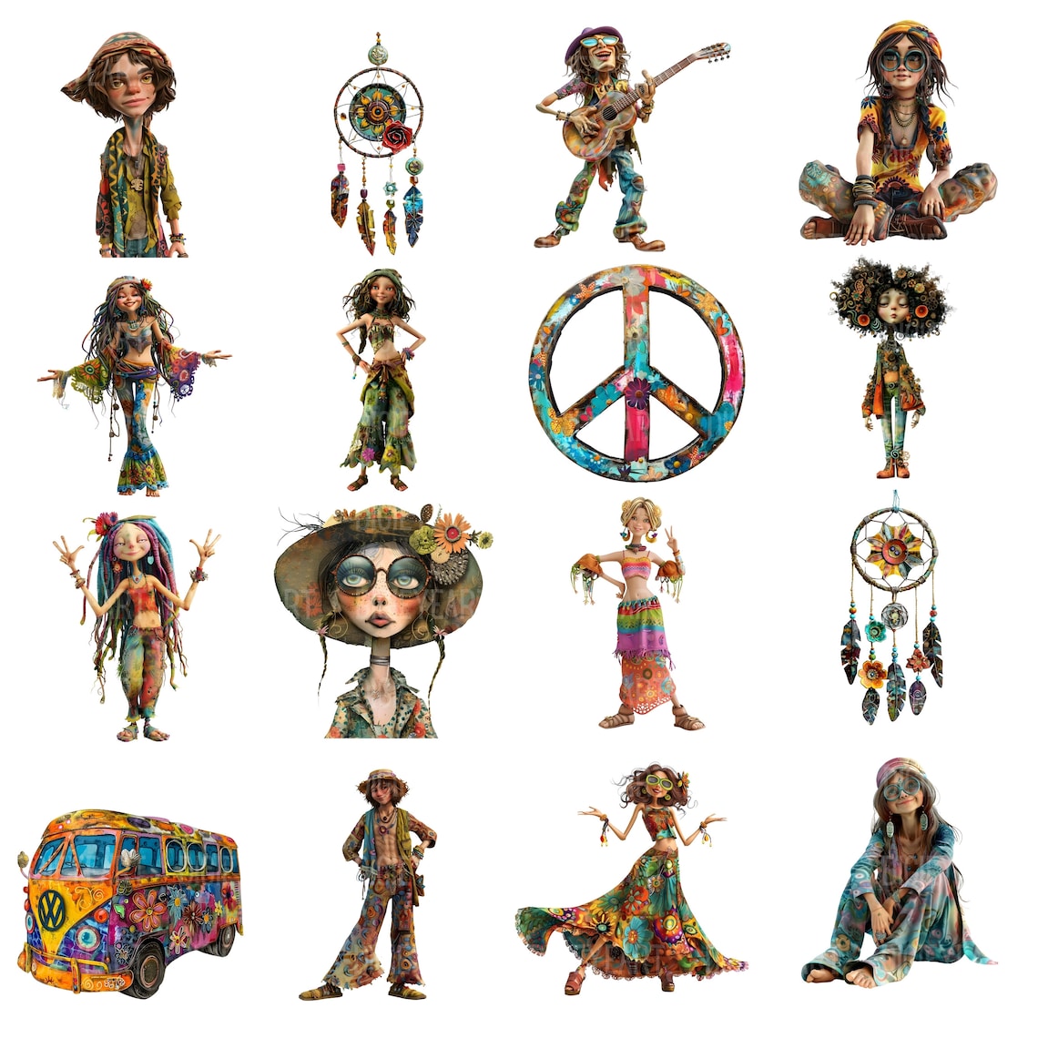 Whimsical Hippies Clipart, Mixed Media Quirky Hippie CU Clip Art, Man ...