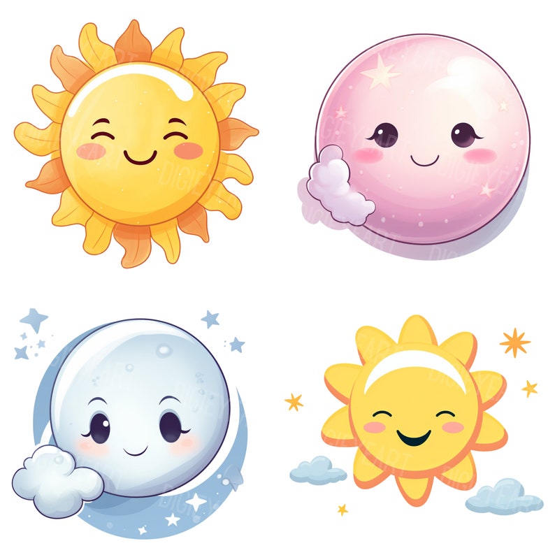 Kawaii Nature Clipart Kawaii Weather Clip Art Sun & Clouds - Etsy