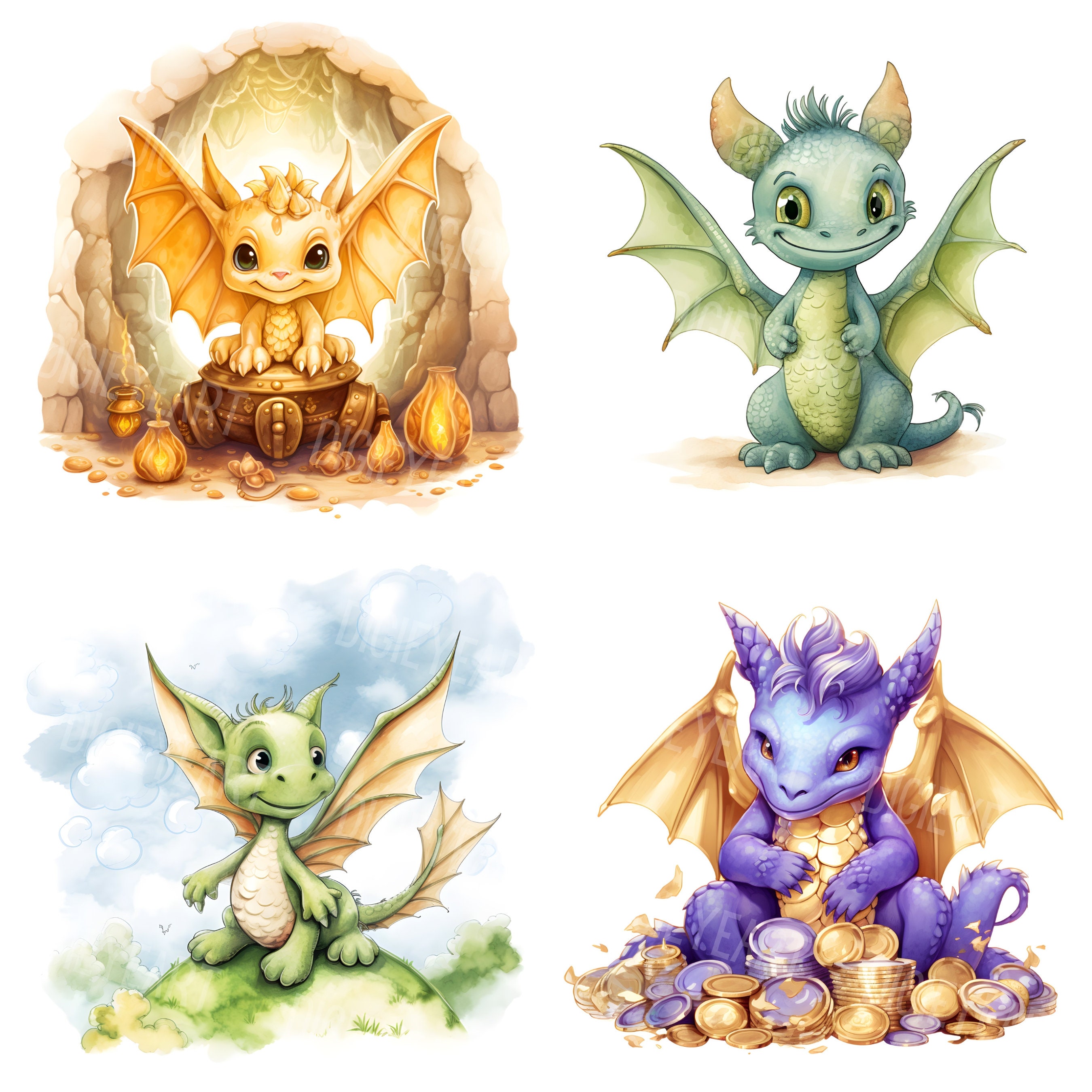 Cute Little Dragon Clipart, Watercolor Dragons Clip Art, Magic Animal ...