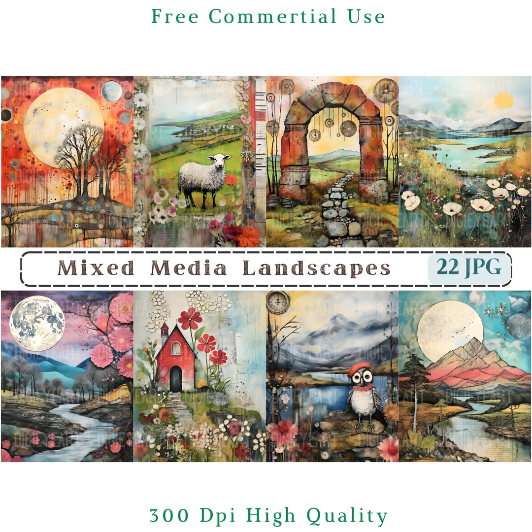 Whimsical Landscape Paper, Mixed Media Landscape Scenes, Whimsical ...