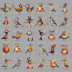 Whimsical Birds Clipart, Whimsical Sceens Paper Jpg, Mixed Media Quirky ...