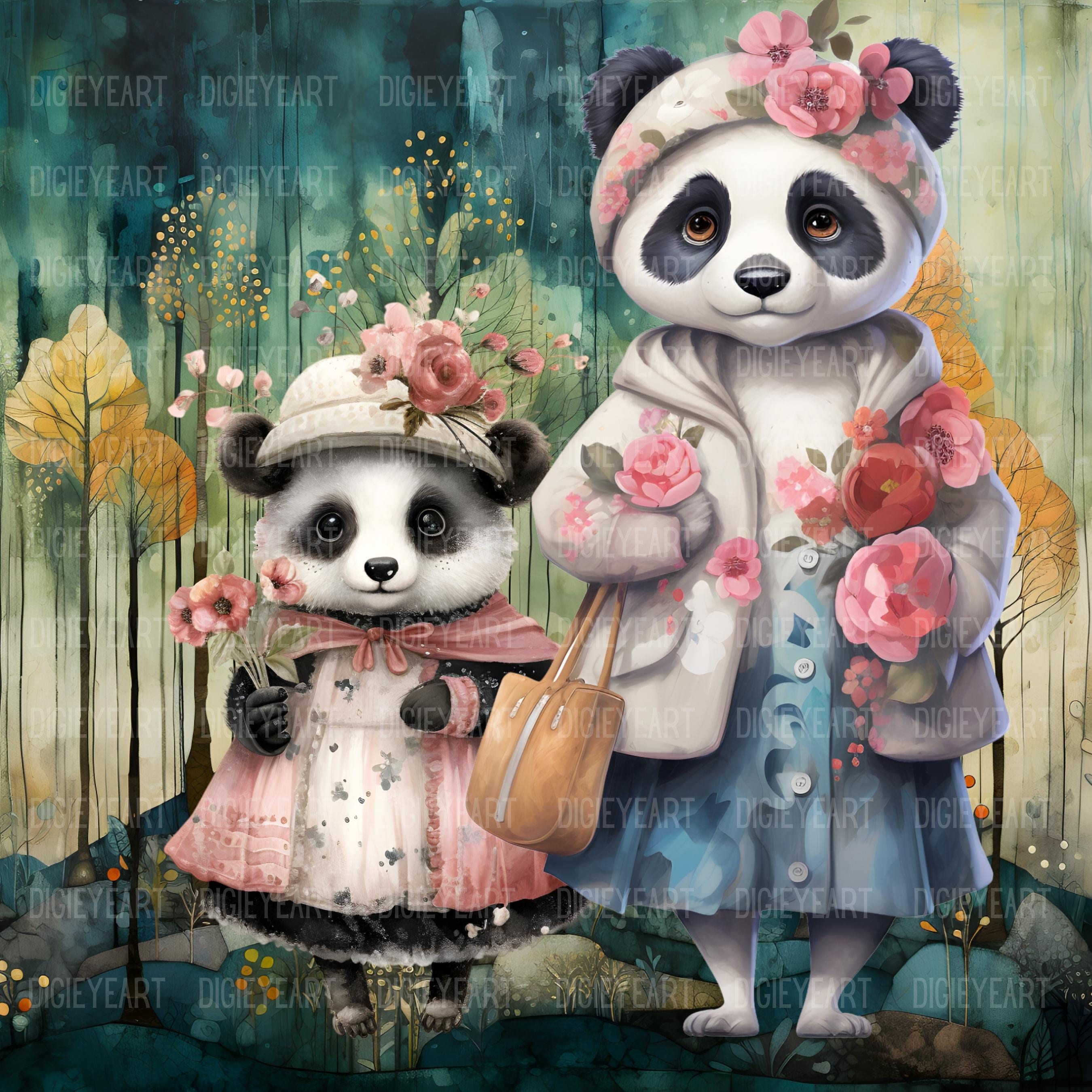 Whimsical Panda Clipart, Quirky Panda CU Clip Art, Mixed Media Panda ...