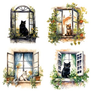 Watercolor Cat in Window Clipart, Cats Clip Art, Cute Kitten in Window ...