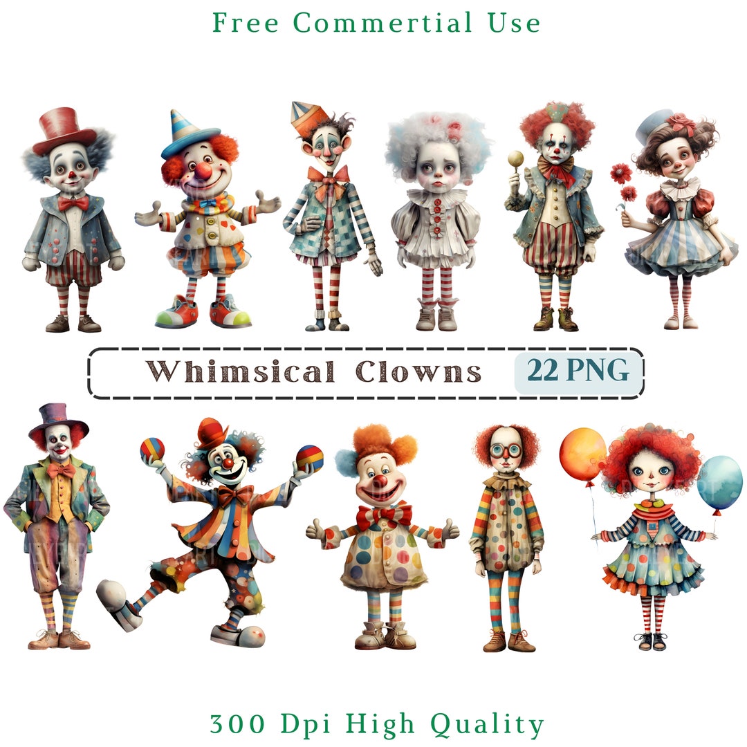 Whimsical Clown Clipart,mixed Media Quirky Circus CU Clip Art,comedian ...