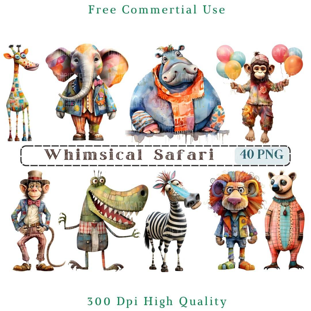 Whimsical Safari Animas Clipart, Mixed Media Quirky Animals CU Clip Art ...