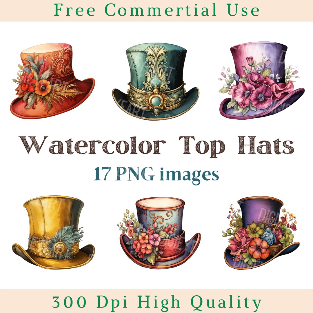 Watercolor Vintage Top Hat Clipart, Top Hat Clip Art, Cylinder Hat Png ...