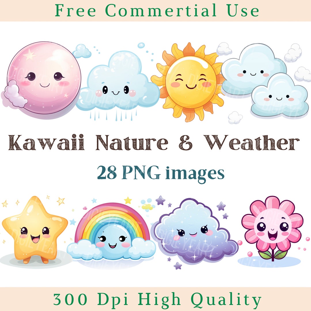 Kawaii Nature Clipart, Kawaii Weather Clip Art, Sun & Clouds Png ...