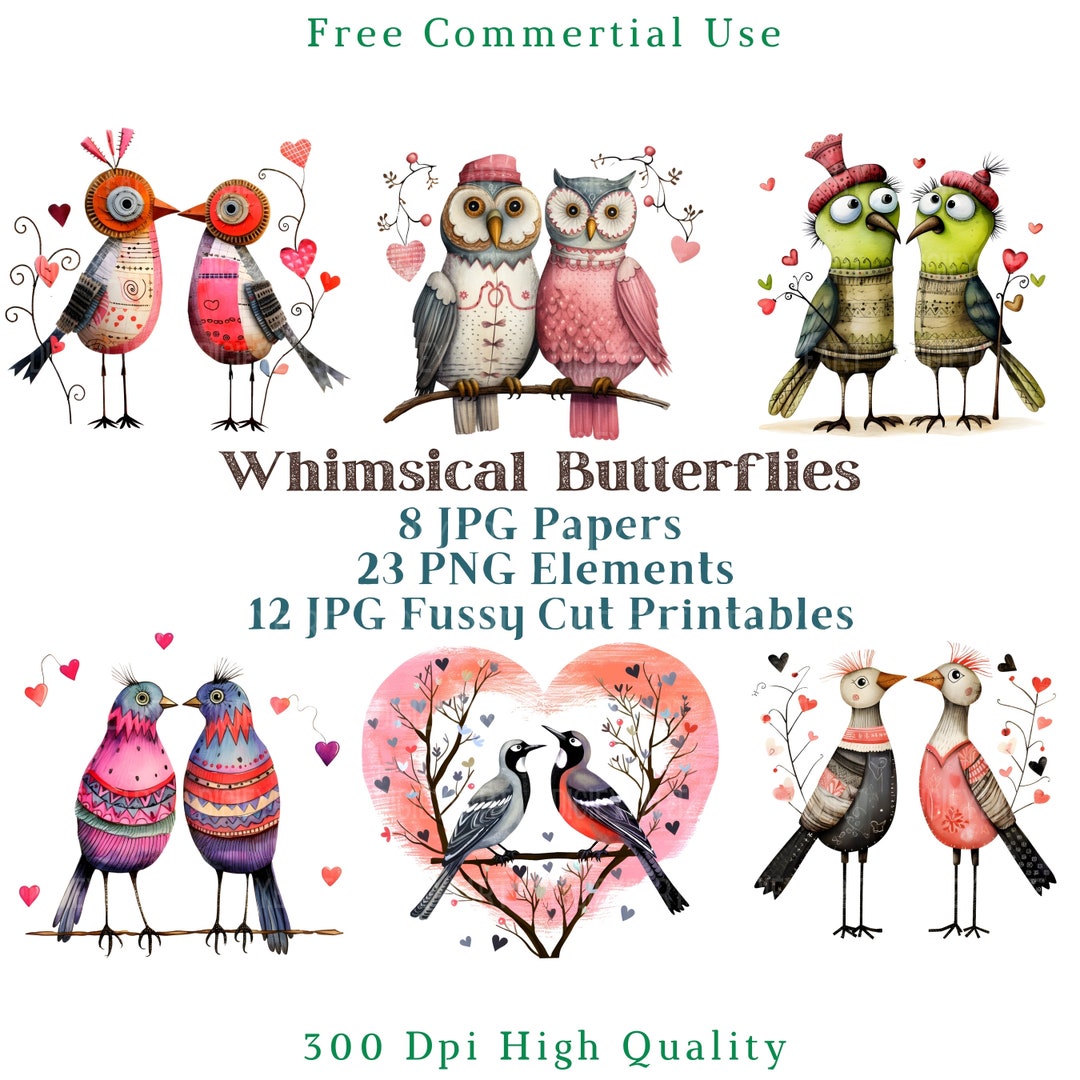 Whimsical Birds in Love Clipart, Mixed Media Quirky Birds CU Clip Art ...