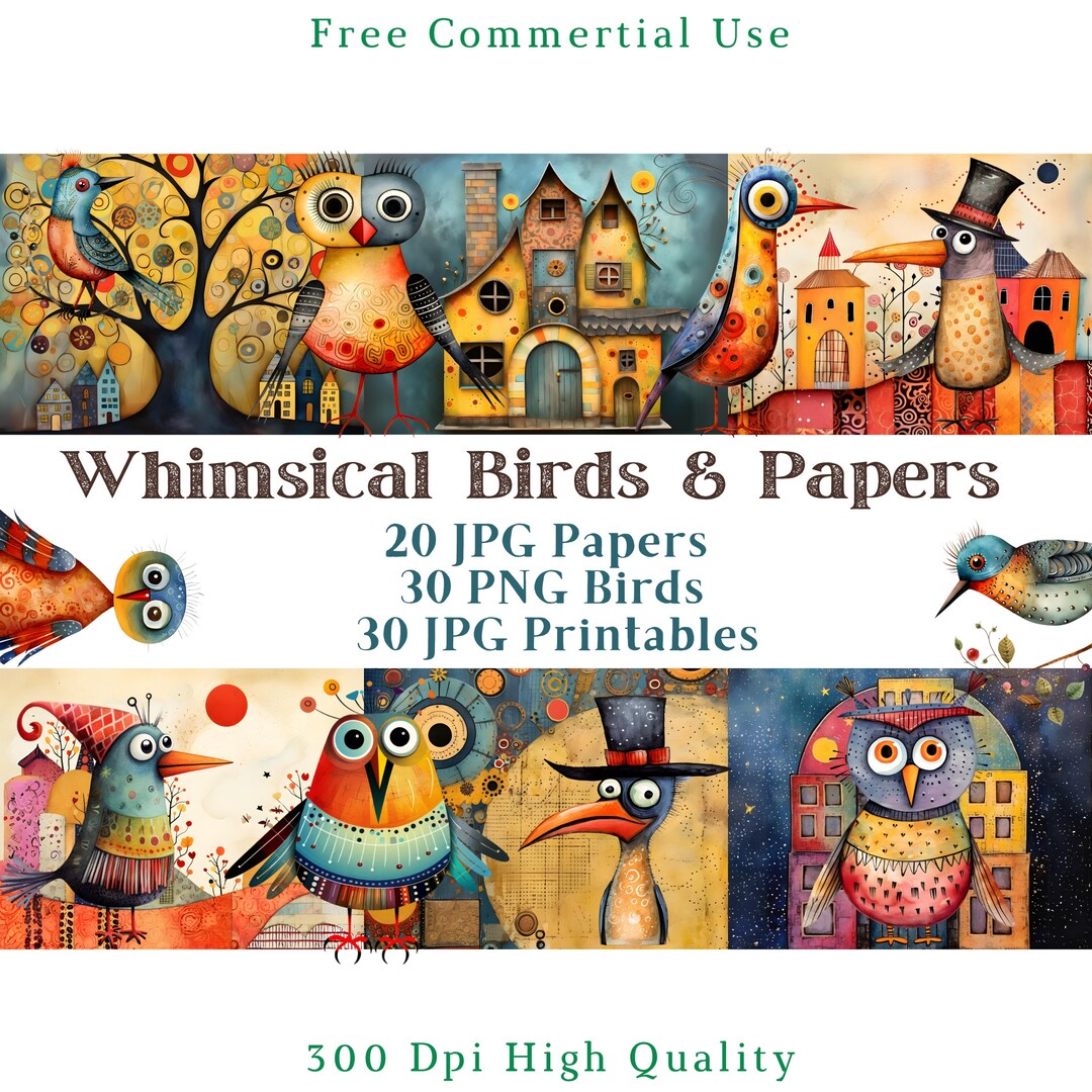 Whimsical Birds Clipart, Whimsical Sceens Paper Jpg, Mixed Media Quirky ...