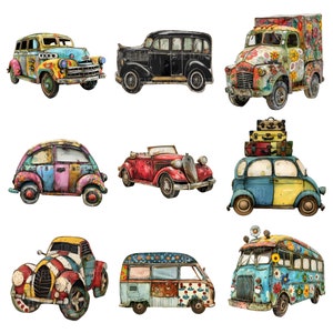 Whimsical Car Clipart, Mixed Media Quirky Car CU Clip Art Png, Tractor ...