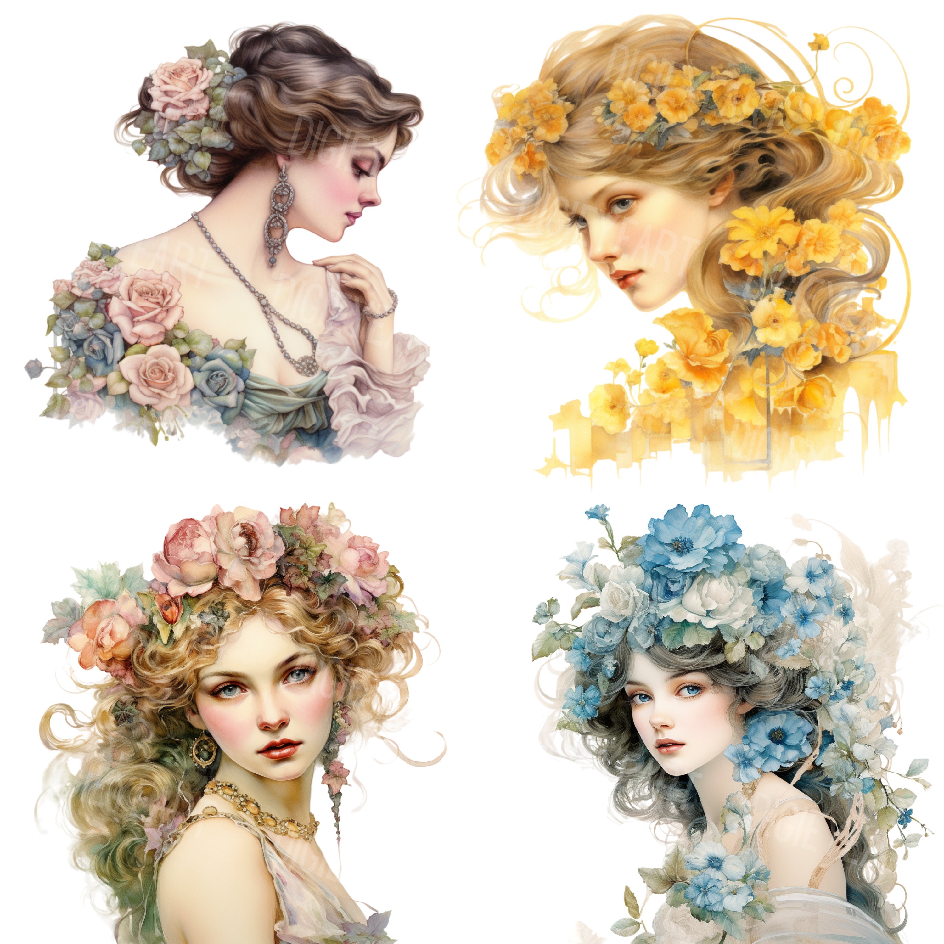 Watercolor Vintage Girls Clipart Girls Clip Art Ladies Png - Etsy