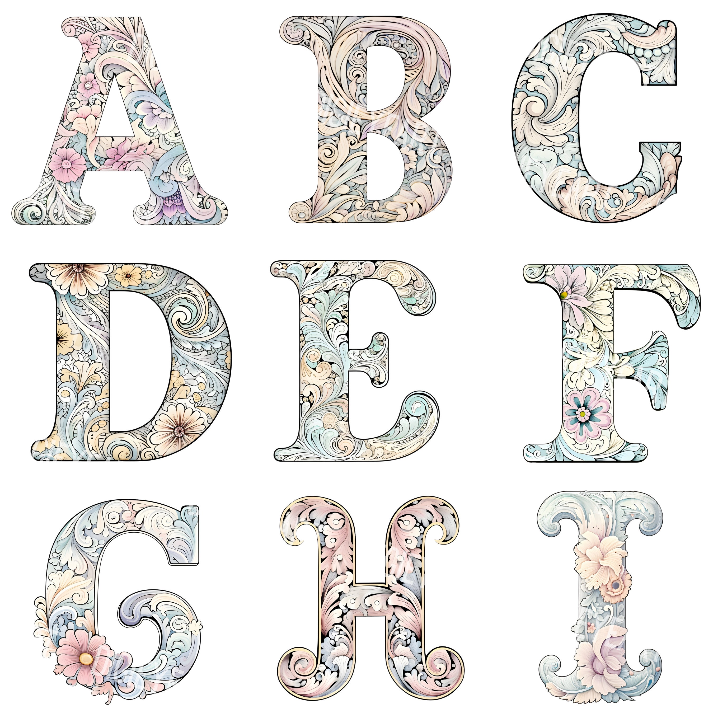 Pastel Rococo Alphabet Clipart Letters Clip Art Initials - Etsy Australia