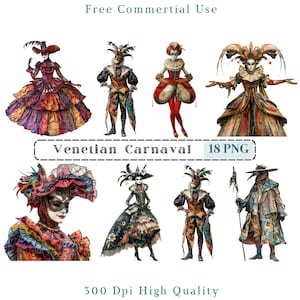 Whimsical Venetian Carnaval Clipart, Mixed Media Costume CU Clip Art ...