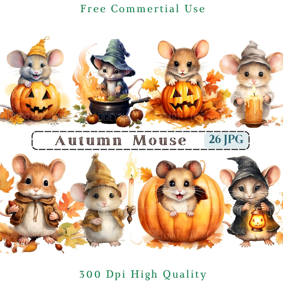 Watercolor Fall Mouse Clipart, Autumn Mouse Clip Art, Pumpkin Mouse Jpg ...