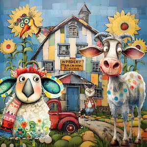 Whimsical Farm Animas Clipart, Mixed Media Quirky Animals CU Clip Art ...