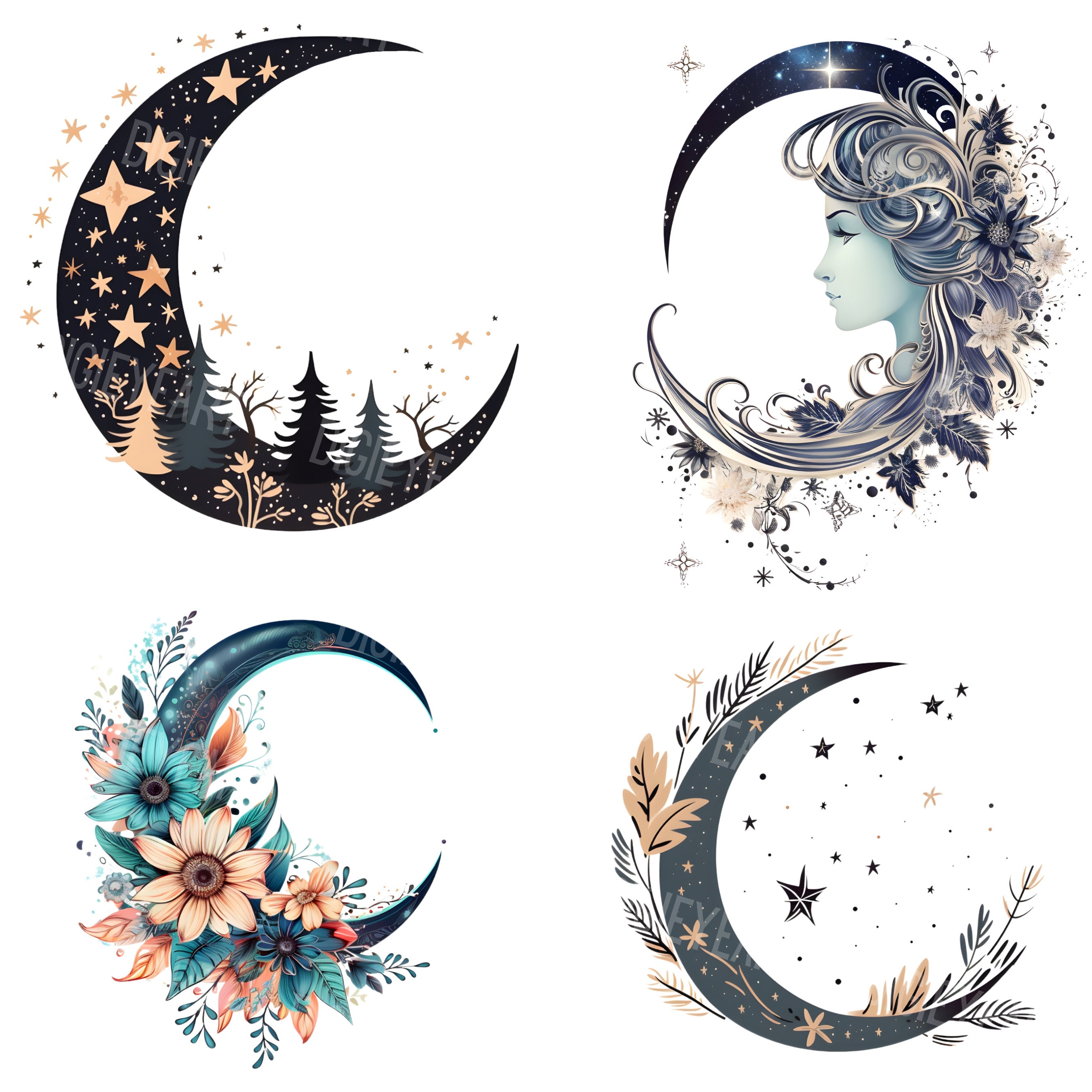 Bohemian Floral Moon Clipart, Boho Moon Clip Art, Floral Moon PNG ...