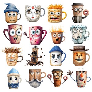 Whimsical Coffee Mugs Clipart, Mixed Media Quirky Coffee Cup CU Clip ...