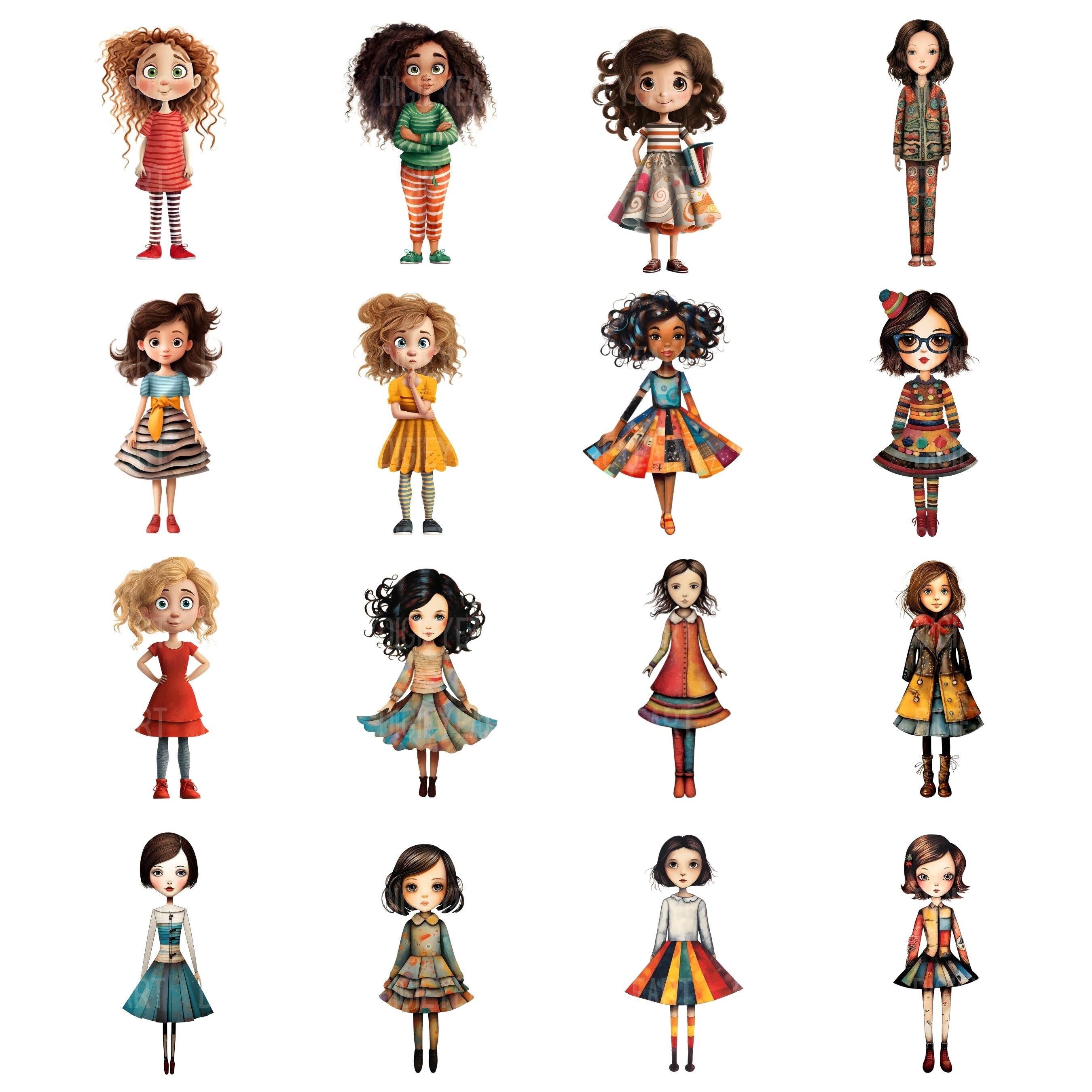 Whimsical Girls Clipart Mixed Media Quirky Girl CU Clip Art - Etsy