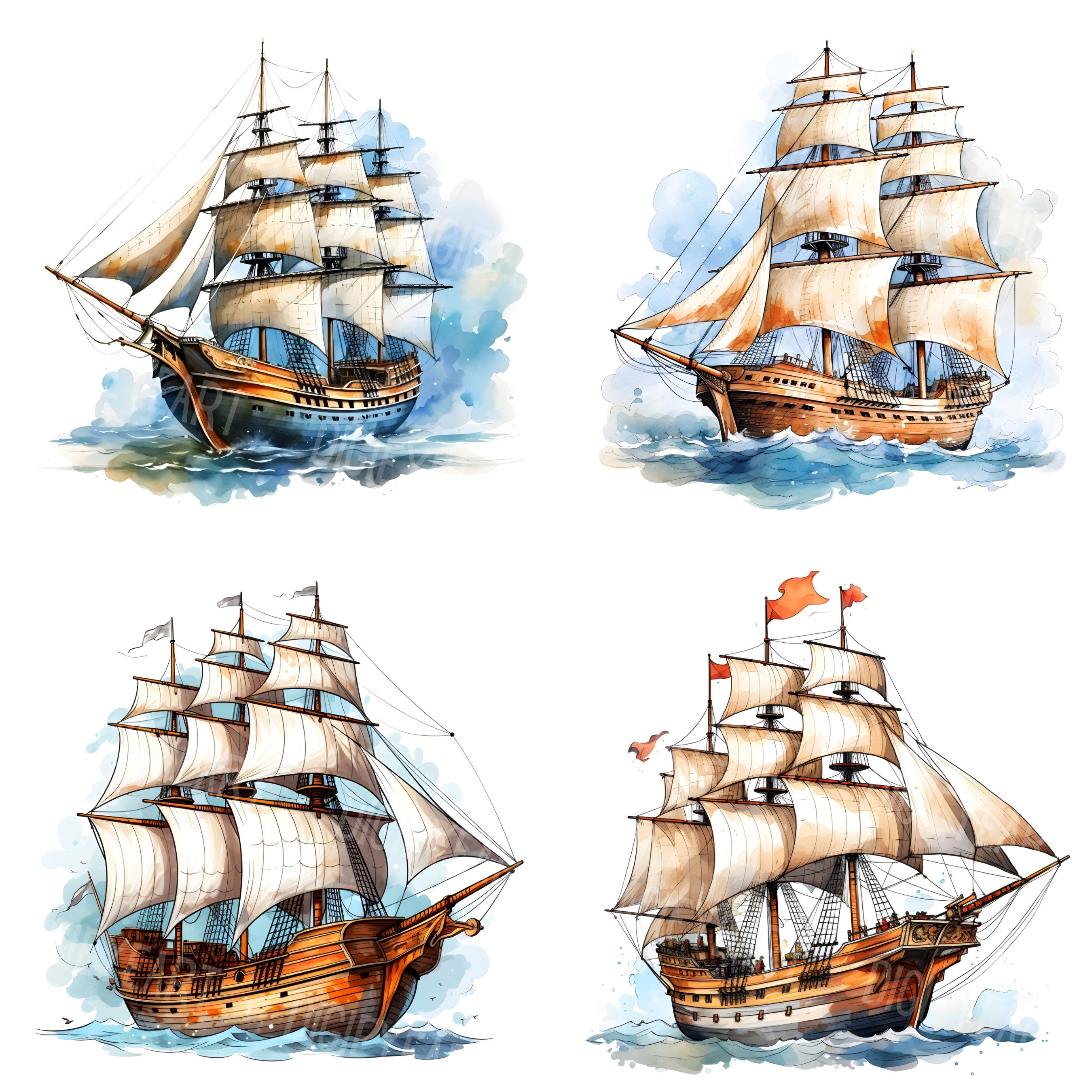 Watercolor Ship Clipart Old Times Ship Clip Art Vessel Jpg - Etsy