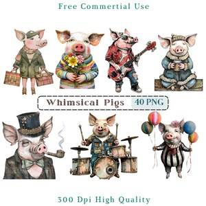 Whimsical Pigs Clipart, Quirky Pig Clip Art, Mixed Media Pig PNG, Junk ...