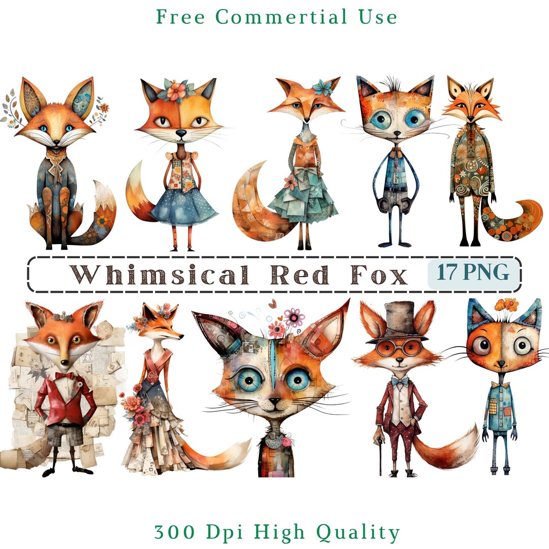 Whimsical Fox Clipart, Quirky Fox CU Clip Art, Fox Graphics PNG, Red ...