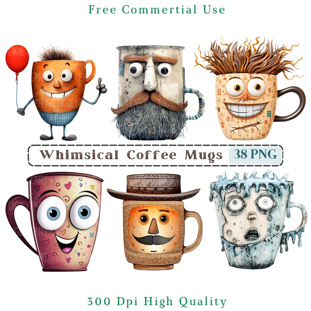Whimsical Coffee Mugs Clipart, Mixed Media Quirky Coffee Cup CU Clip ...