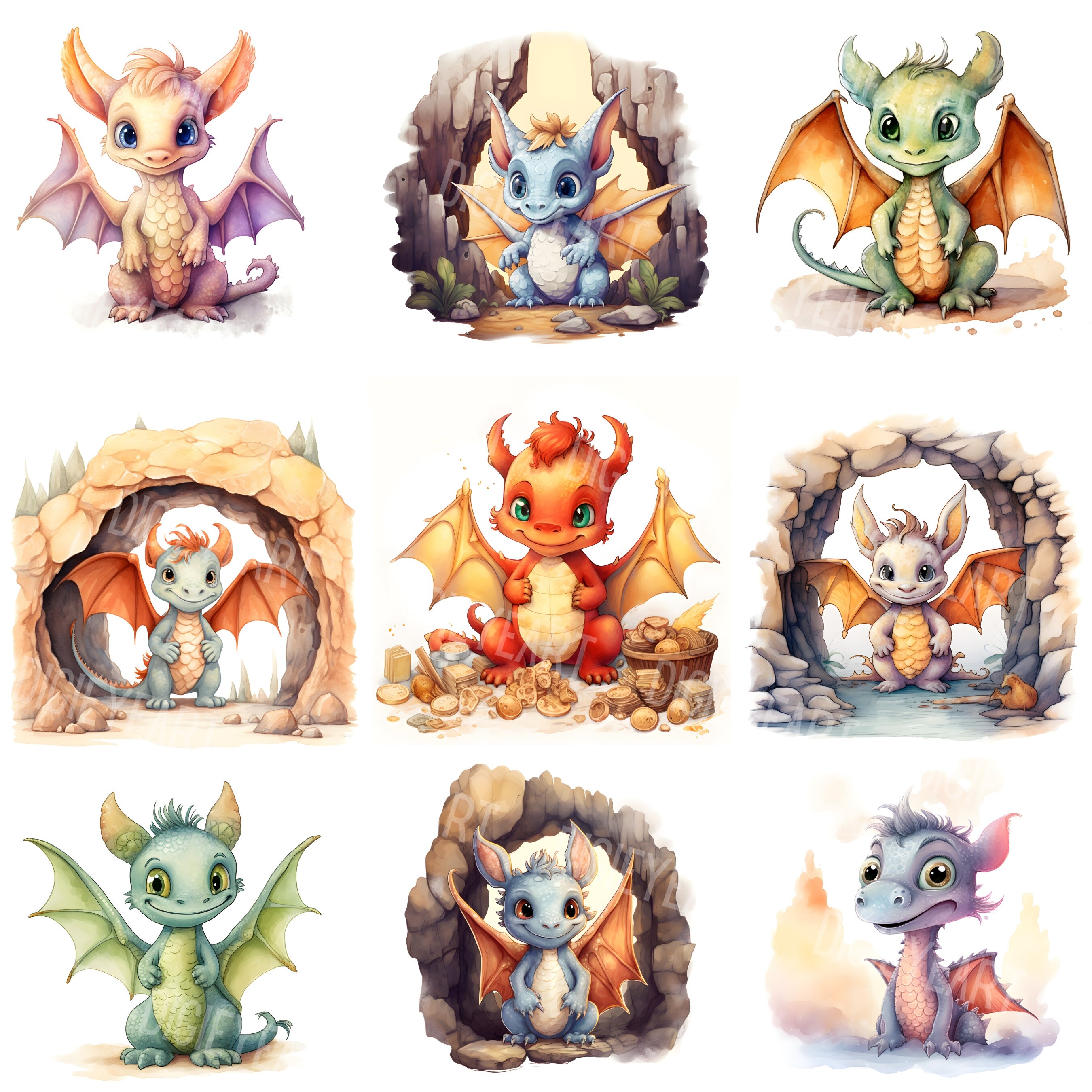 Cute Little Dragon Clipart, Watercolor Dragons Clip Art, Magic Animal ...