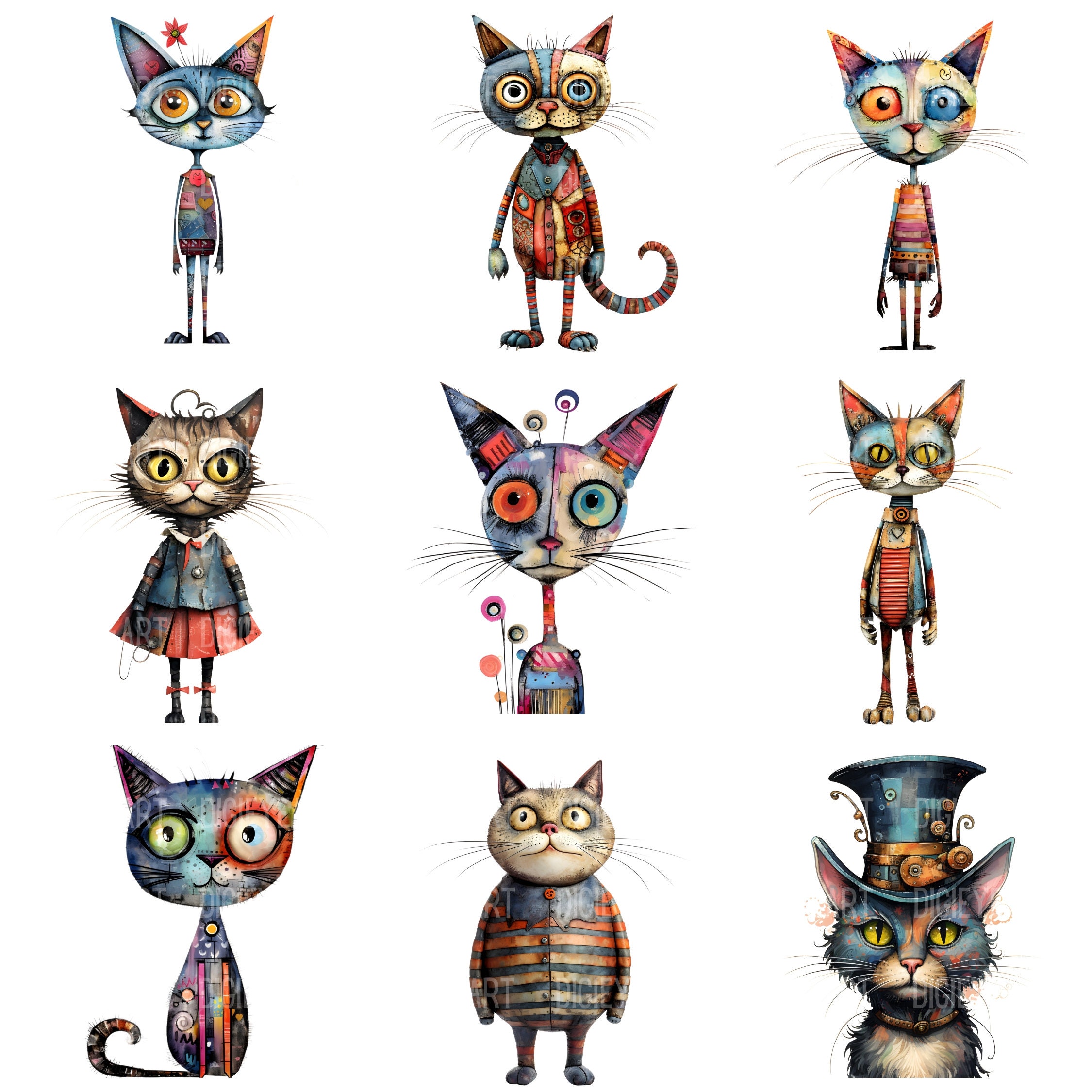 Whimsical Cats Clipart, Quirky Cat Clip Art, Mixed Media Cat PNG ...