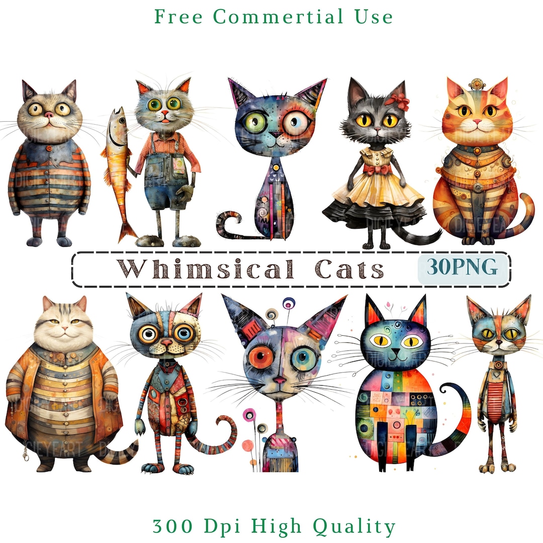 Whimsical Cats Clipart, Quirky Cat Clip Art, Mixed Media Cat PNG ...