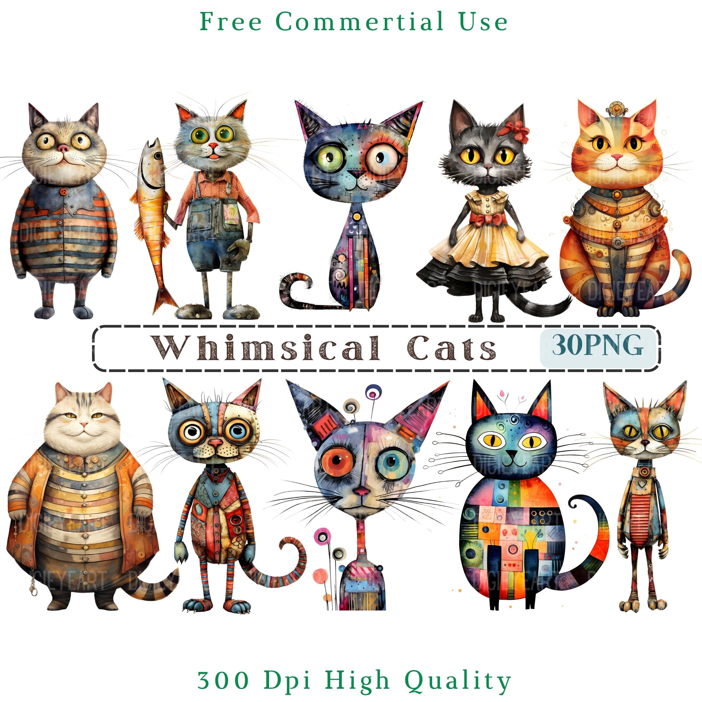 Whimsical Cats Clipart, Quirky Cat Clip Art, Mixed Media Cat PNG, Kitten Images, Transparent ...