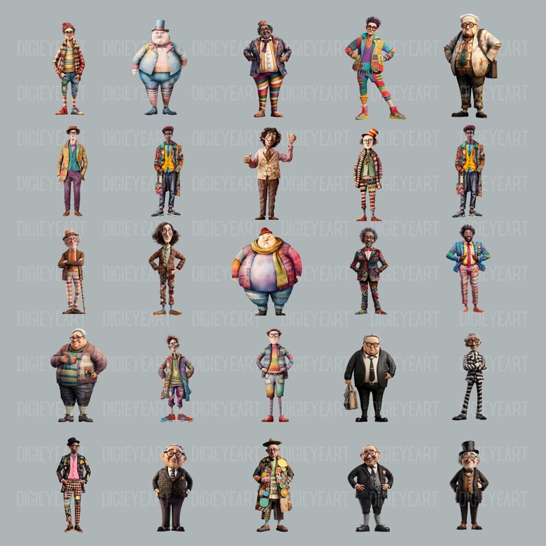 Whimsical Men Clipart, Mixed Media Quirky Man CU Clip Art, Old Man ...