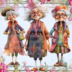 Whimsical Old Lady Clipart, Mixed Media Quirky Woman CU Clip Art, Old ...