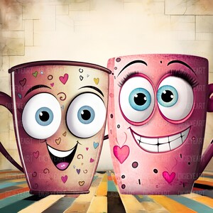 Whimsical Coffee Mugs Clipart, Mixed Media Quirky Coffee Cup CU Clip ...