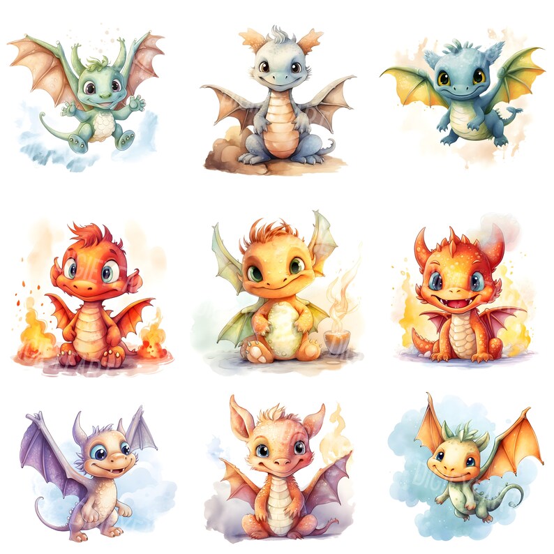 Cute Little Dragon Clipart, Watercolor Dragons Clip Art, Magic Animal ...