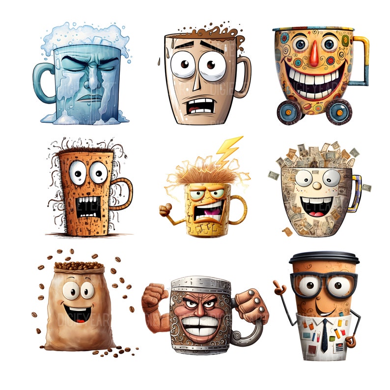 Whimsical Coffee Mugs Clipart, Mixed Media Quirky Coffee Cup CU Clip ...