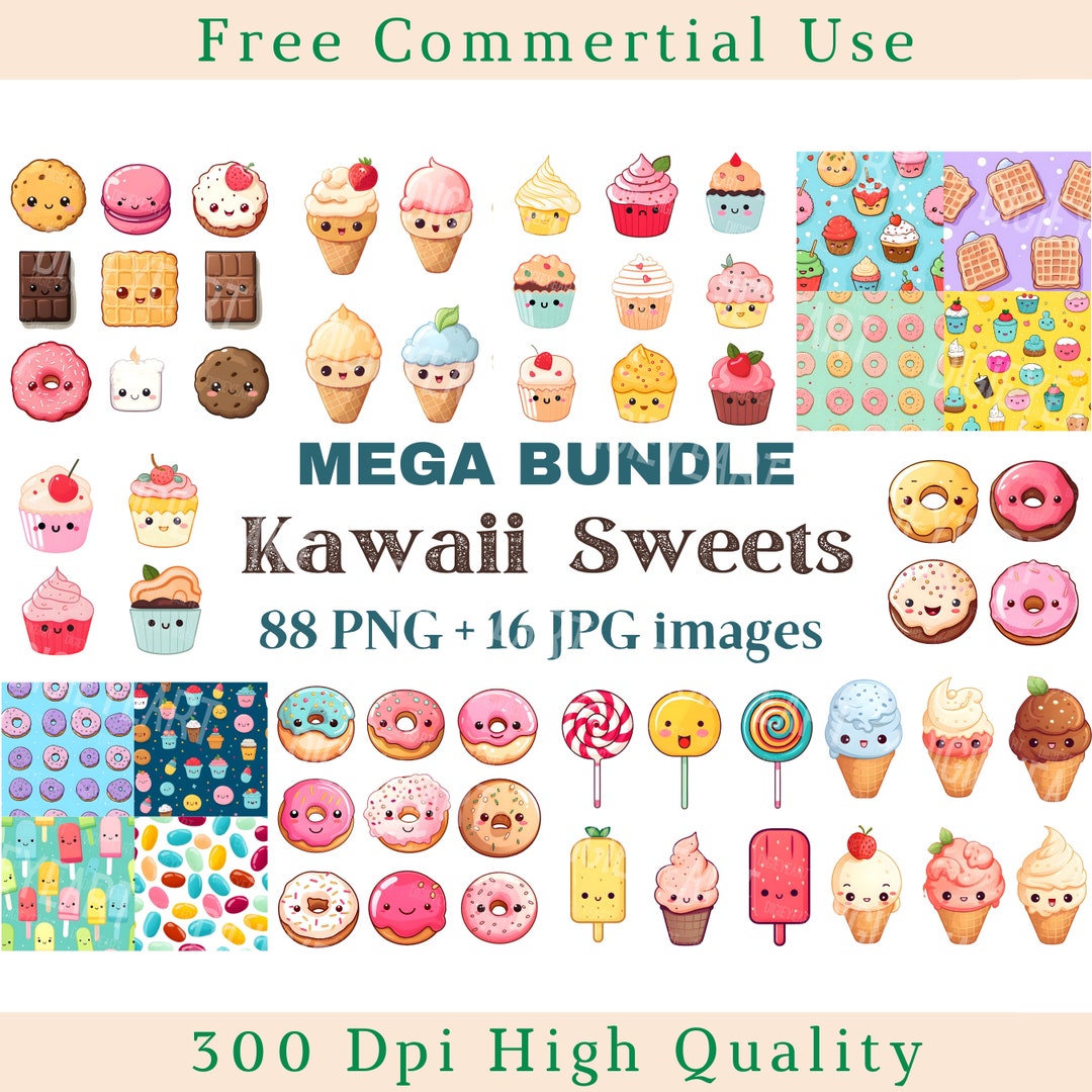 Kawaii Sweets Clipart Bundle, Kawaii Cakes Clip Art, Candies and Ice ...