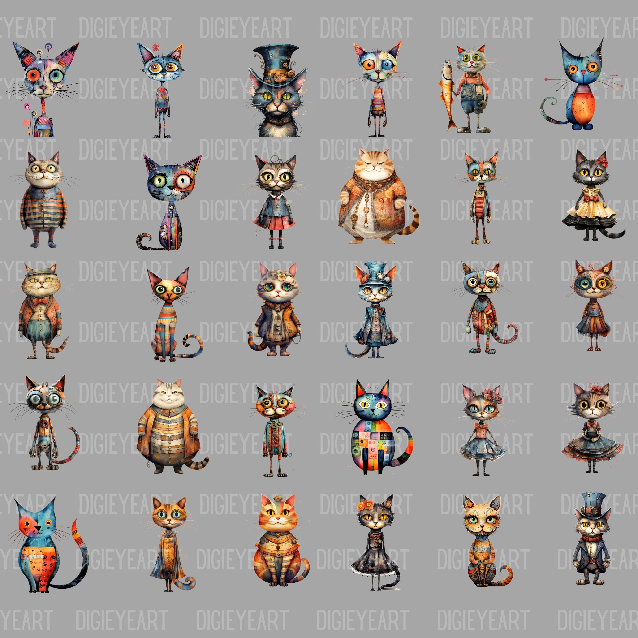 Whimsical Cats Clipart, Quirky Cat Clip Art, Mixed Media Cat PNG ...