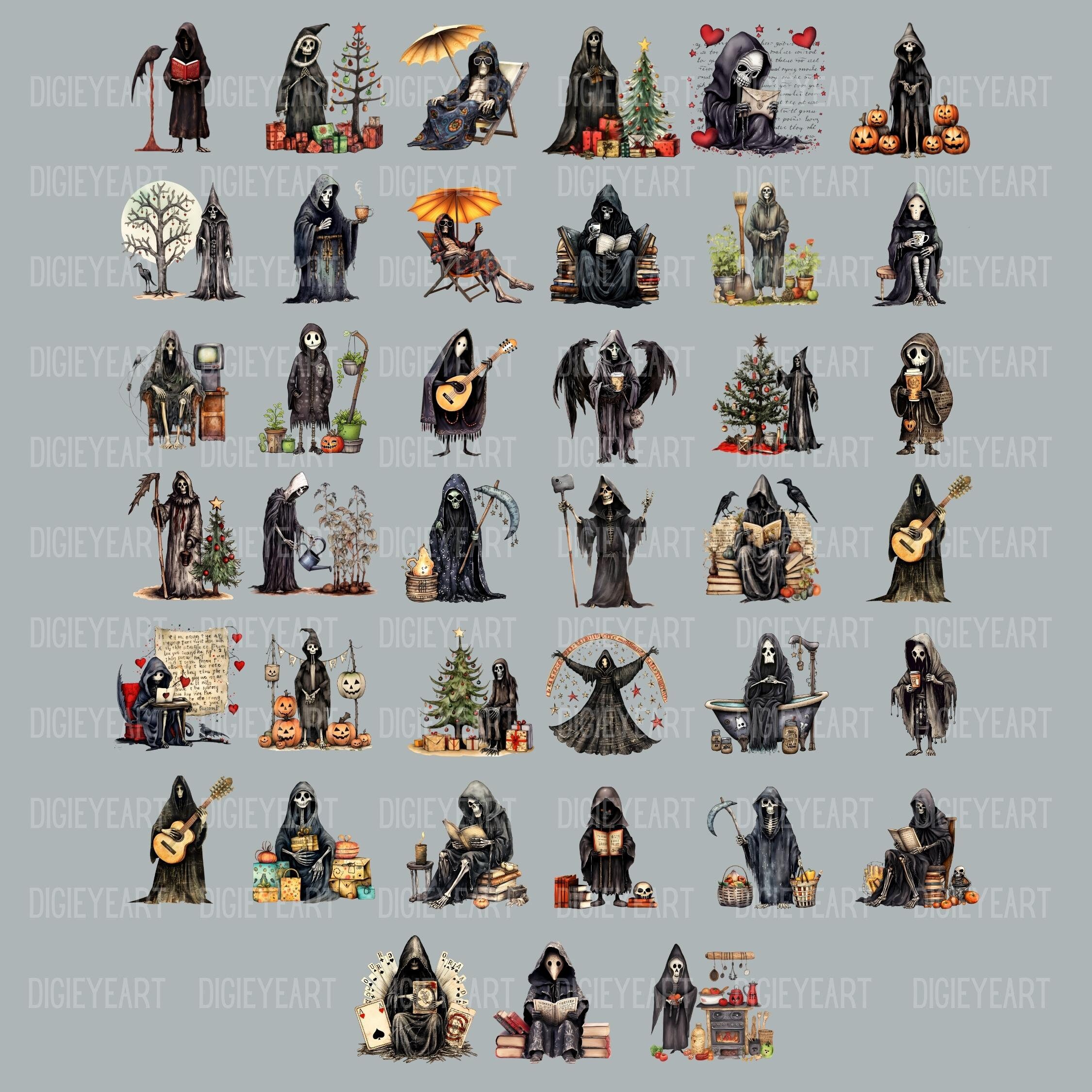 Whimsical Grim Reaper Clipart, Halloween CU Clip Art, Mixed Media ...