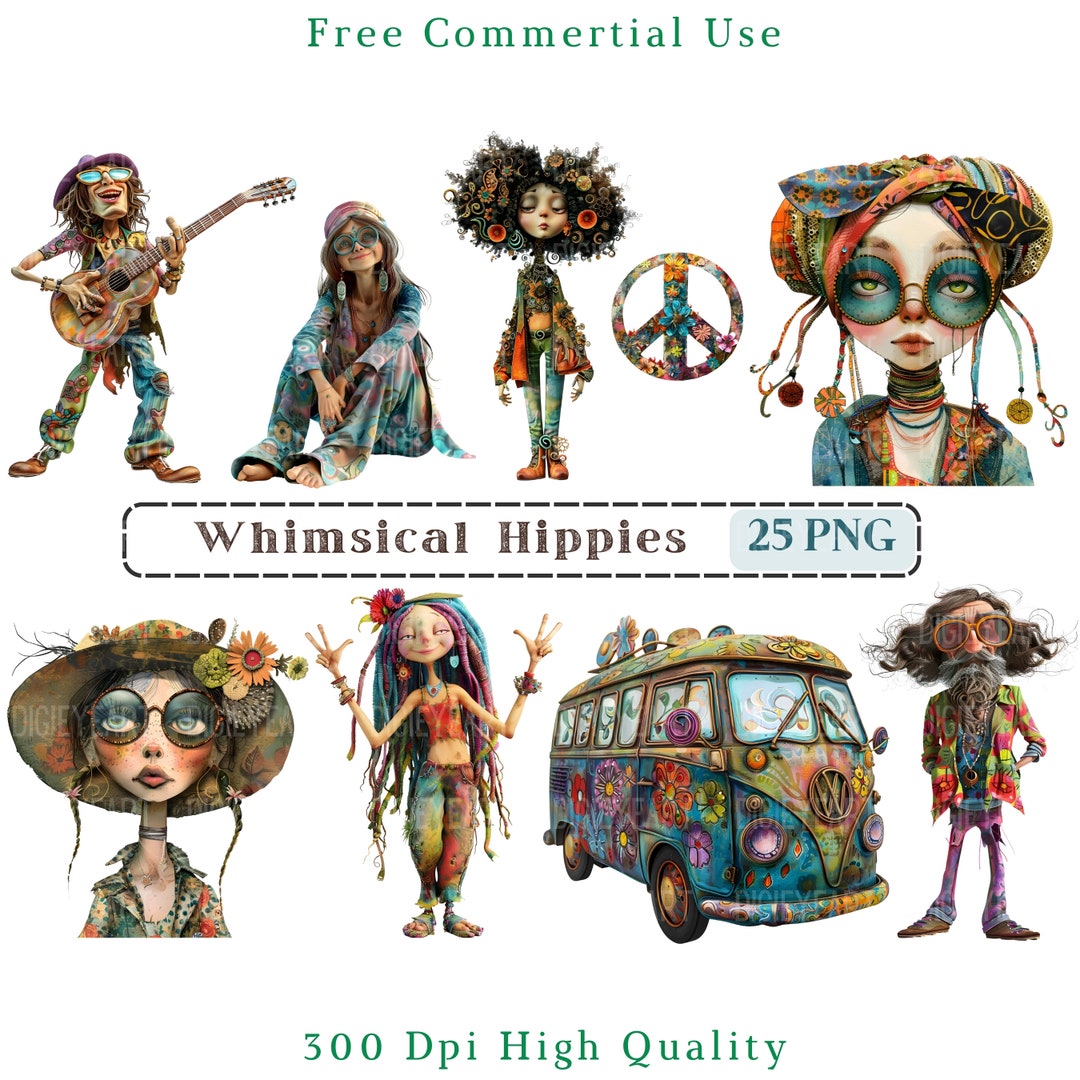 Whimsical Hippies Clipart, Mixed Media Quirky Hippie CU Clip Art, Man ...