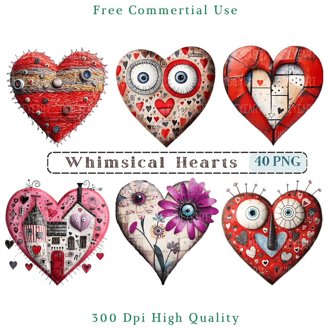 Whimsical Hearts Clipart, Hearts CU Clip Art, Quirky Heart Graphics Png, Whimsical Love Image ...