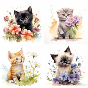Watercolor Kittens in Flowers Clipart, Cats Clip Art, Cat Jpg, Kitties ...