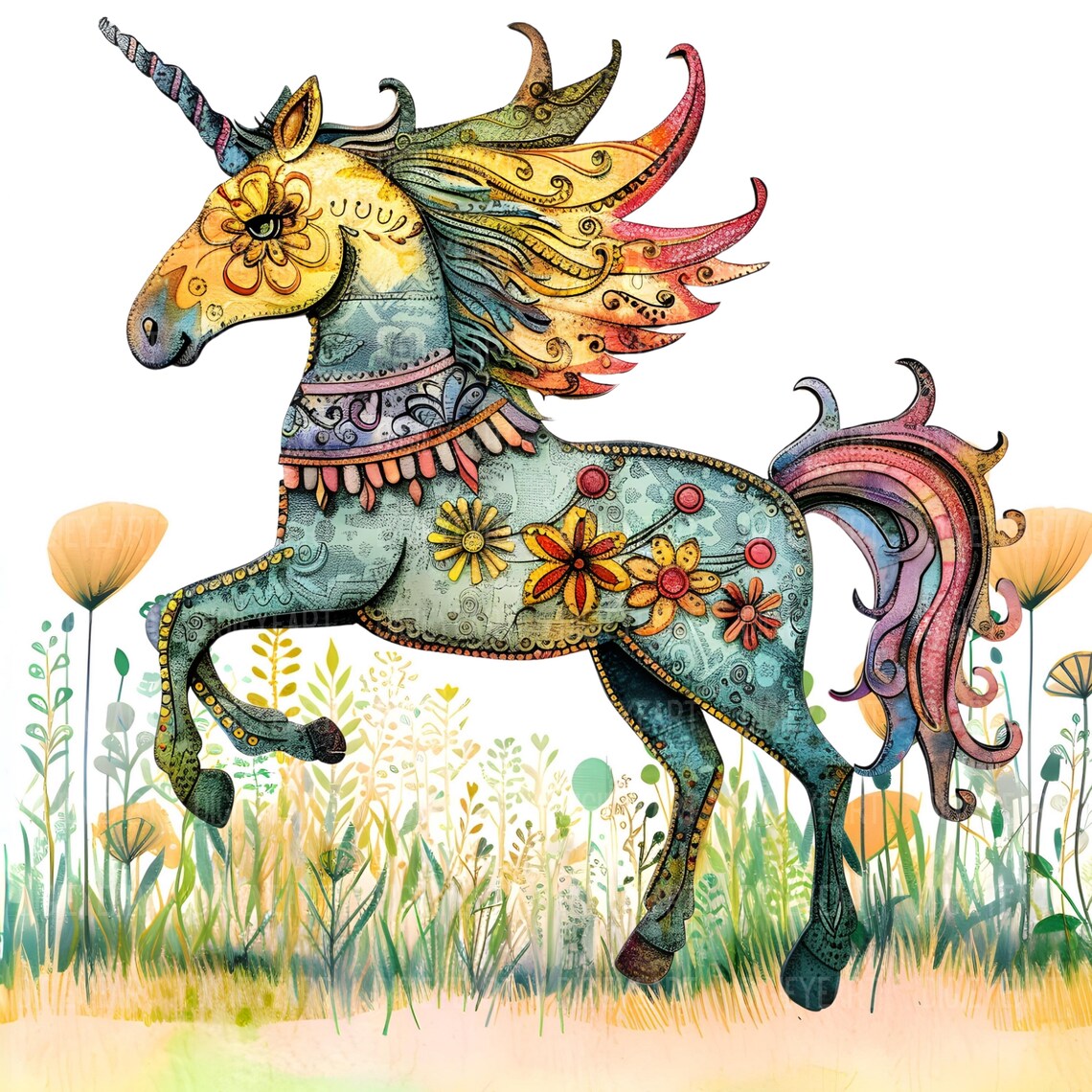 Whimisical Unicorn Clipart, Mixed Media Quirky Unicorn CU Clip Art ...