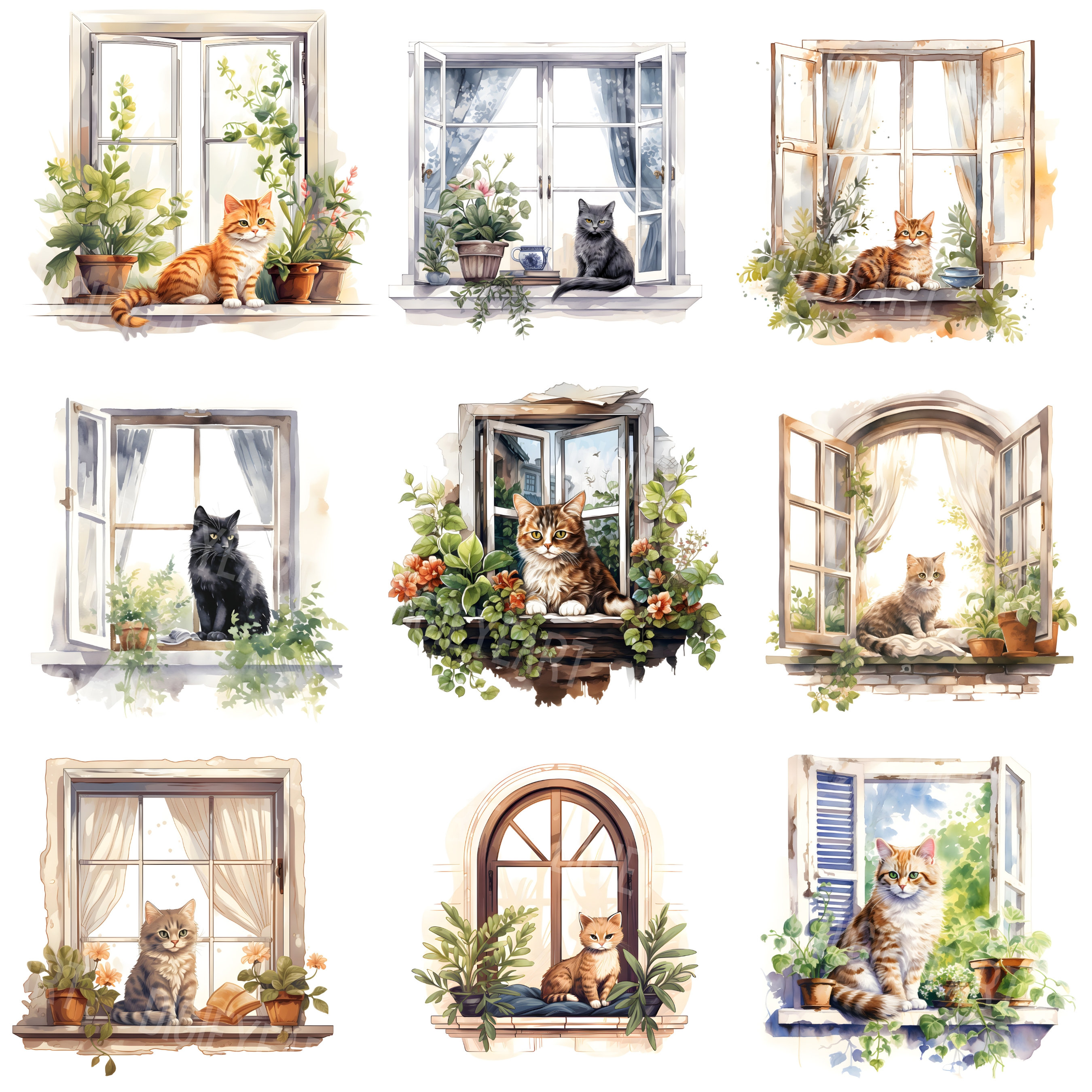 Watercolor Cat in Window Clipart, Cats Clip Art, Cute Kitten in Window ...