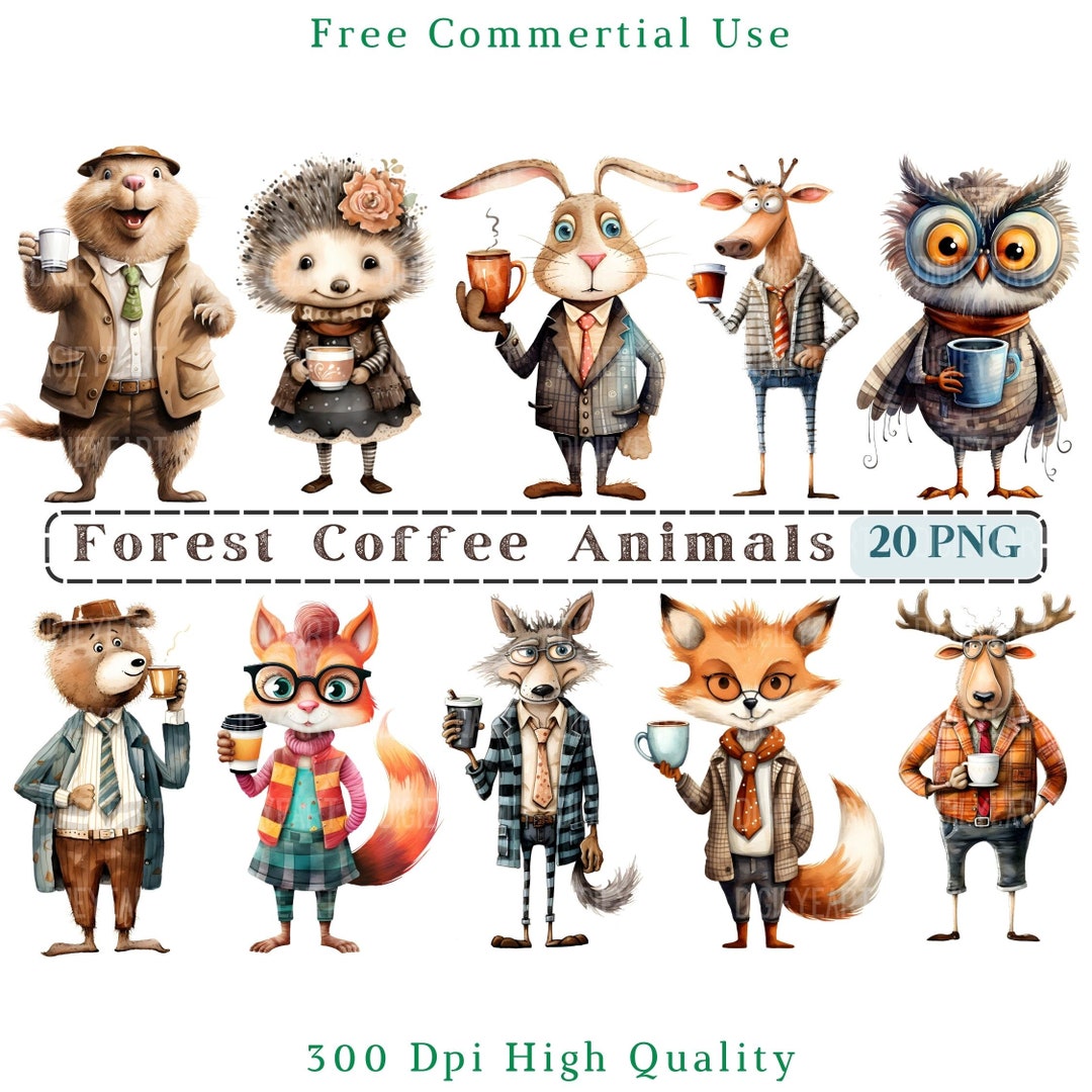 Whimsical Forest Coffee Animas Clipart, Mixed Media Quirky Animals CU ...