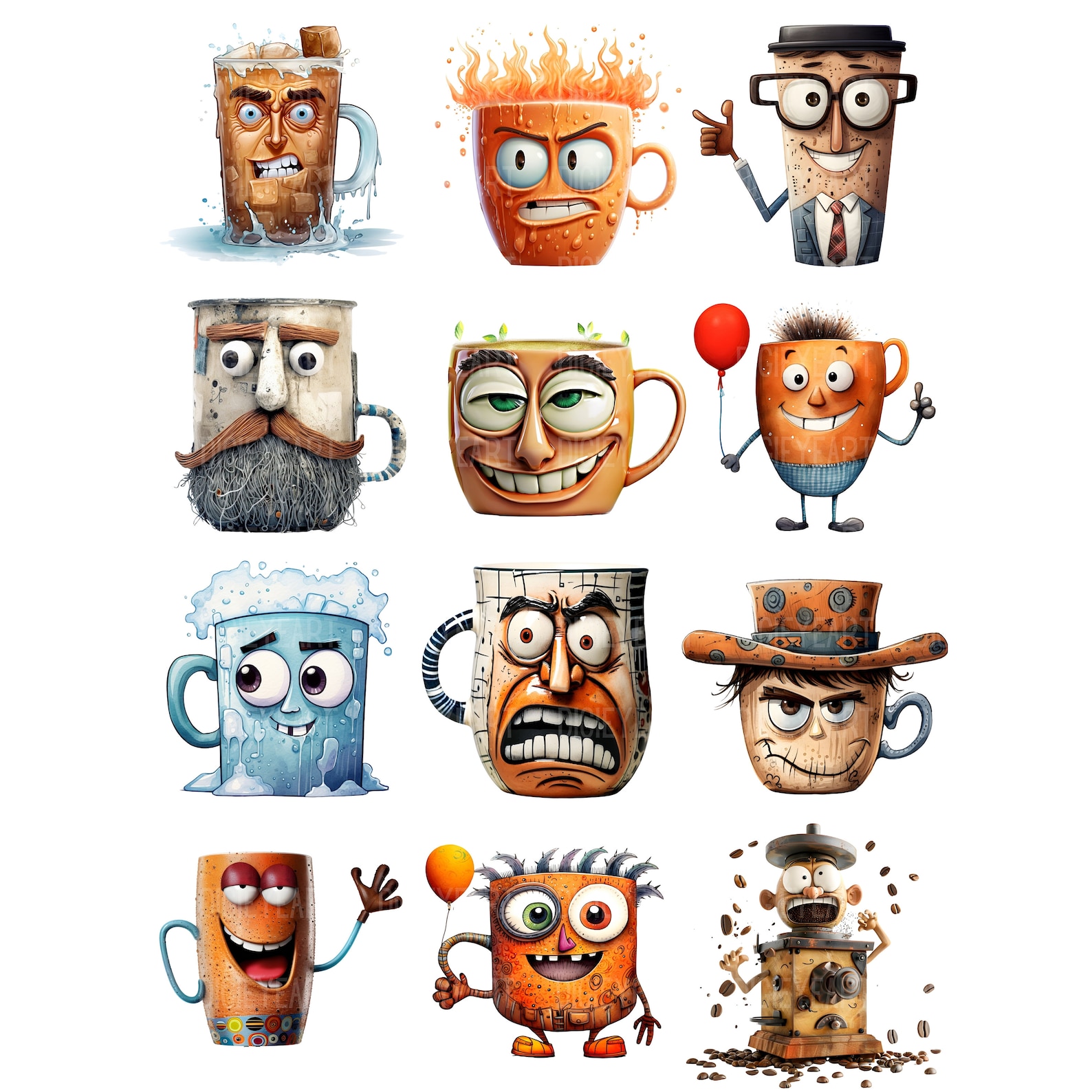 Whimsical Coffee Mugs Clipart, Mixed Media Quirky Coffee Cup CU Clip ...