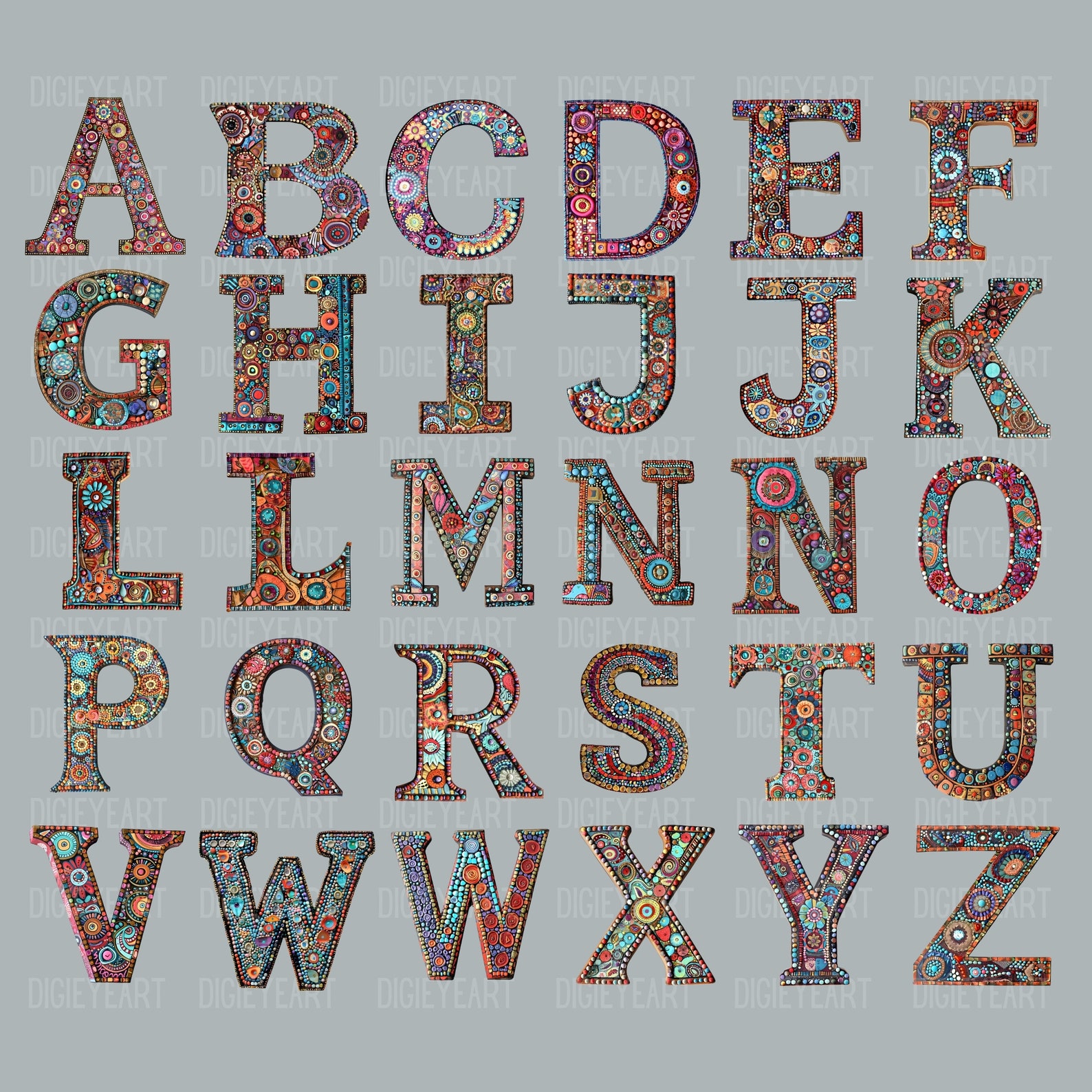 Boho Alphabet Clipart, Letters CU Clip Art, Bohemian Initials PNG ...